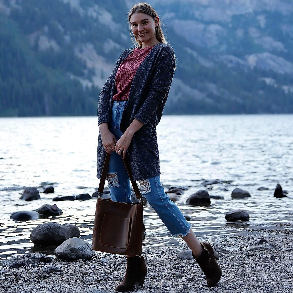 S-ZONE Women Genuine Leather Backpack Purse Bundle with Retro Bucket Tote Vintage Hobo Handbag Distressed Shoulder Bag