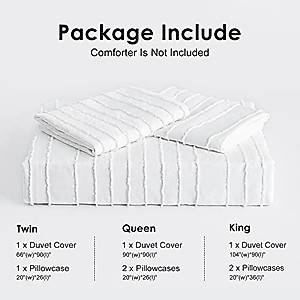 WARMDERN White Boho Duvet Cover Set Queen Size, Striped Textured Tufted Bedding Set, 3 Pcs Ultra Soft Washed Microfiber with Zipper Closure (Queen, White)
