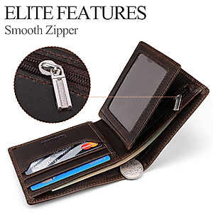 LYOOMALL Wallet for Men, Large Capacity Genuine Leather RFID Blocking Bifold Wallet/Credit Card Holder for Men, with Coin Pocket, Zipper Cash Pocket, ID Window and 10 Card Slots