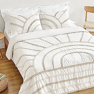 Sweet Jojo Designs Ivory Boho Chic Sun Boy Girl Unisex Queen Duvet Cover Bedding Set Full Size Bed Comforter Case Shams 3pc Off White Cotton Bohemian Farmhouse Shabby Southwestern Beige Tassel Fringe