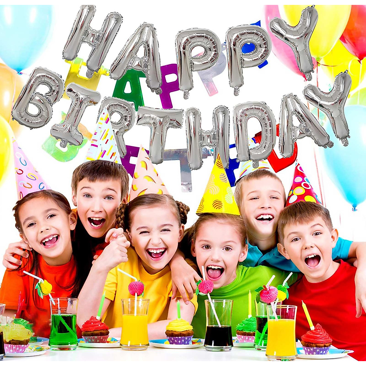 KALOR Silver Happy Birthday Balloons Banner,16 Inch Mylar Foil Letters Sign,Reusable Balloons for Women, Men, Boys & Girls Birthday Decorations Party Supplies