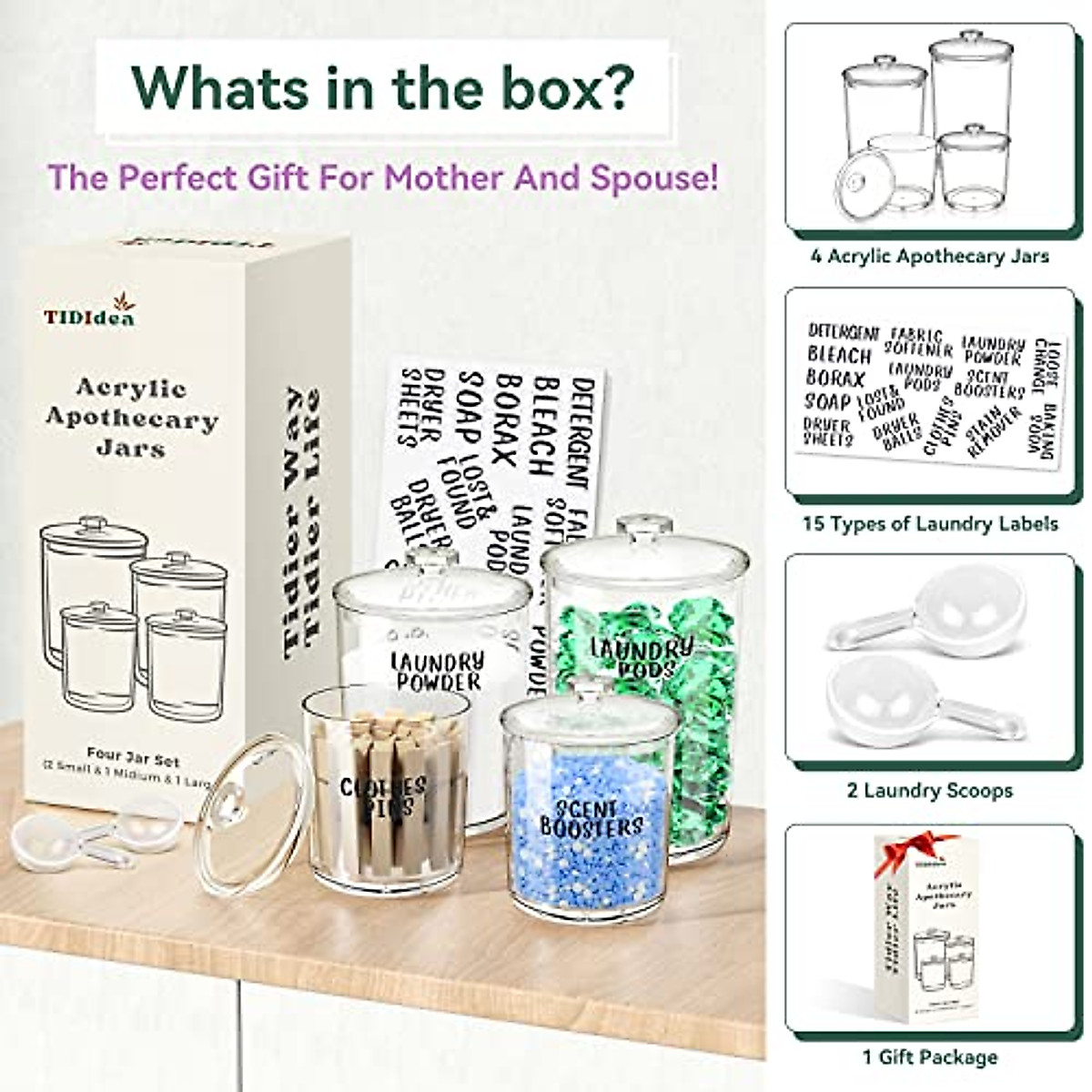 TIDIdea 4 Pack Laundry Room Organization Jars - Laundry Storage Containers with Labels & Scoops Hold Pods, Powder, Scent Booster, Beads, Soap, Detergent - Great Laundry Organizer - Clear Acrylic