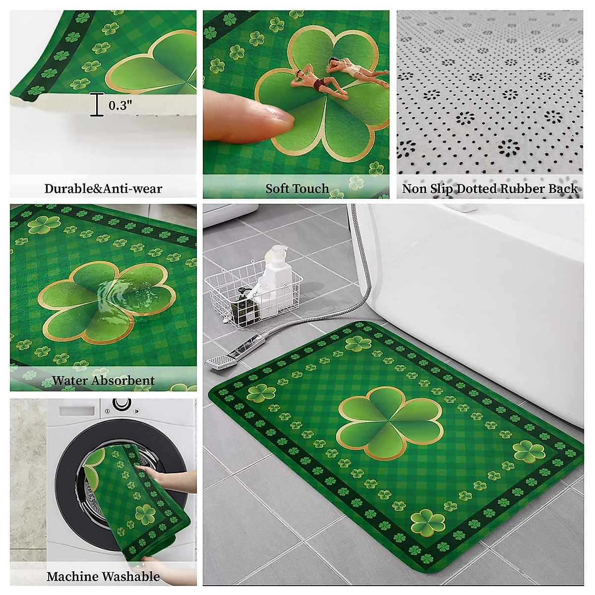 Front Door Mats Outdoor Indoor Kitchen Mat, Green Checked Clover on St. Patrick's Day Entrance Doormat Non-Slip Bathroom Rugs Washable Floor Mats for Sink/Porch, 20" x 31.5"