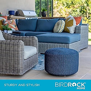 BIRDROCK HOME Outdoor Pouf Ottoman | Hand Woven Waterproof Foot Stool with Bead Bag Filling | Boho Foot Rest for Patio, Living Room, Porch & Outdoor Seating | Lightweight, Soft Stuffed Chair | Navy