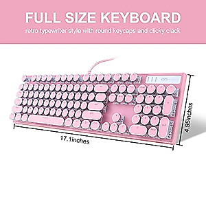 Camiysn Typewriter Style Mechanical Gaming Keyboard, Pink Retro Punk Gaming Keyboard with White Backlit, 104 Keys Blue Switch Wired Cute Keyboard, Round Keycaps for Windows/Mac/PC