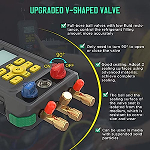 HVAC Gauges 93 Refrigerant Detection Digital Manifold Gauge Set HVAC Pressure&Temp Test HVAC Manifold Upgraded Ball Valve Digital Refrigerant Gauges with 3.5" LCD Display, Refrigerant Hoses,Temp Clips