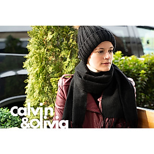 CALVIN & OLIVIA Soft Cashmere Feel Scarf Unisex Classic Plain Solid Tartan Winter Scarves Ombre Buffalo Tartan Tweed Houndstooth Gift for Men Women Black