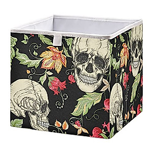 RunningBear Skulls Vintage Flowers Storage Basket Storage Bin Square Collapsible Nursery Baskets Empty Gift Baskets Organizer for Home Kitchen Office