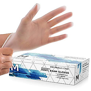 Dre Health Powder Free Disposable Gloves Medium -100 Pack -Clear Vinyl Medical Exam Gloves