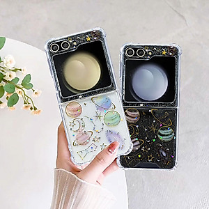 Abbery for Samsung Z Flip 5 5G Case Space Theme Clear with Design Bling Glitter Sparkly Stars and Moon Planet Durable Shockproof Transparent Universe Phone Protective Cover Women Girls Z5 Flip