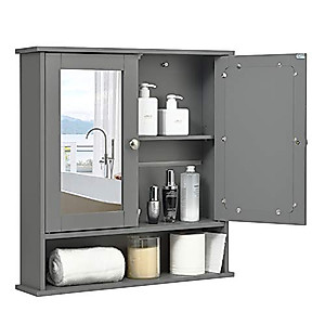DORTALA Mirrored Bathroom Cabinet, Wall Mounted Medicine Cabinet w/Double Mirror Doors & Adjustable Shelf, Multipurpose Storage Cabinet Home Organizer, Grey