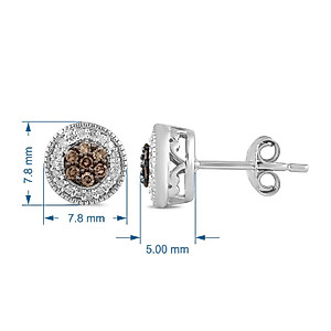 Jewelili Sterling Silver Stud Earrings with Natural White and Champagne Round Diamonds, 1/4 cttw