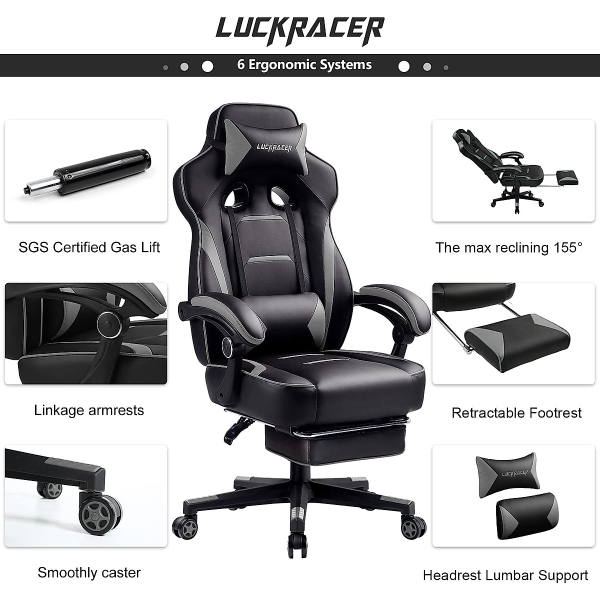 LUCKRACER Gaming Chair with Footrest Office Desk Chair Ergonomic Gaming Chair Pu Leather High Back Adjustable Swivel Lumbar Support Racing Style E-Sports Gamer Chairs Gray