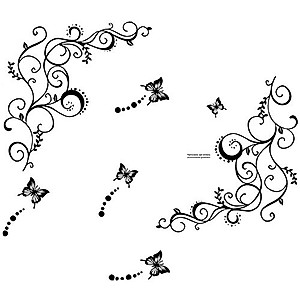 RW-051 Removable Black Vinyl Flower Vines Wall Decal Butterfly Wall Stickers Floral Wall Decor 3D Peel and Stick Art for Girls Bedroom Nursery Living Room Kids Babys Rooms Home Wall Decoration (B)