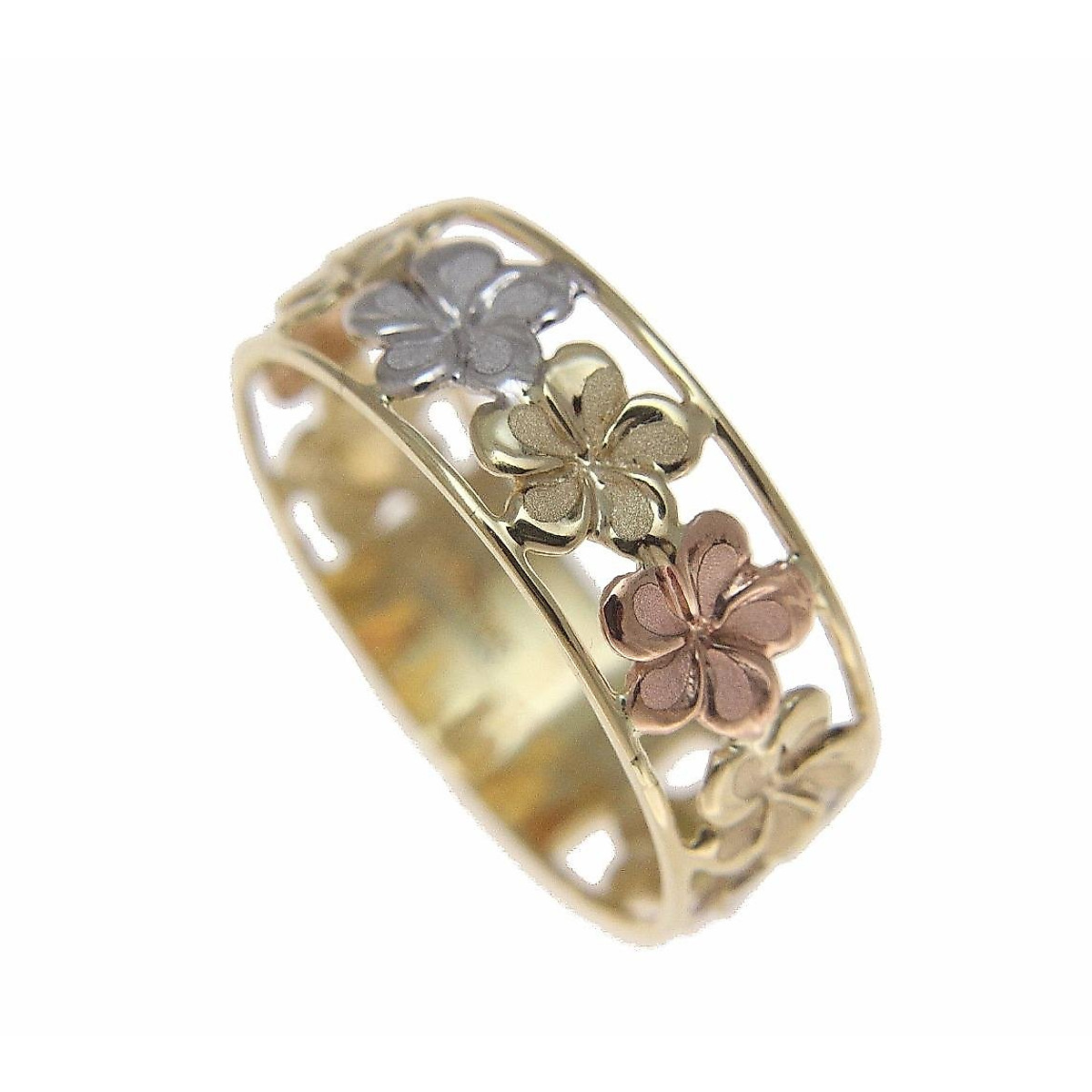 Arthur's Jewelry 14K solid tricolor yellow white rose gold Hawaiian plumeria flower lei ring 6.5mm size 6