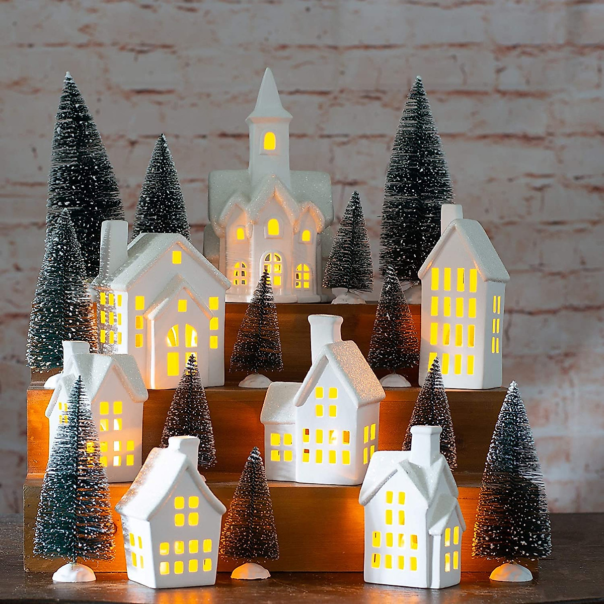 Mark Feldstein & Associates Winter Village LED Tea Light 31 Piece Porcelain Tabletop Christmas Figurine Boxed Set