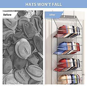 Fixwal Clear Over The Door Hat Racks Hanging Storage with 5 Large Pockets Holds up to 50 Caps Hat Storage Organizer for Closet Wall, Deep Pockets Hanging Hat Holder with 3 Hooks, Grey