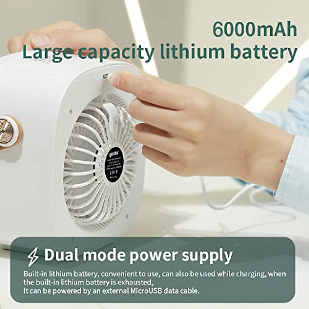 Gootu Portable Air Conditioner，6000mAh Mini Air Conditioner Fan，USB Rechargeable Personal Air Conditioner，3 Speed Quiet Air Cooler for Bedroom，Office，Car，Travel & Indoor & Outdoor Activities.(White)