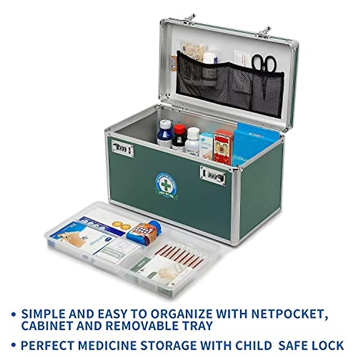 HEWEI WORKS Large capacity Locking Box， Lockable Medication Box with Portable Storage Case, 15''x 8.7''x 9.3'', Childproof Medicine Lock Organizer, Locked Empty First Aid Storage Case (GREEN)