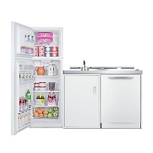 Summit Appliance ACKDW72 72" Wide All-in-one Kitchenette with Full-sized Frost-free Refrigerator-Freezer, 24" Dishwasher, Two Coil 115V Burners, Sink, and Storage Cabinet