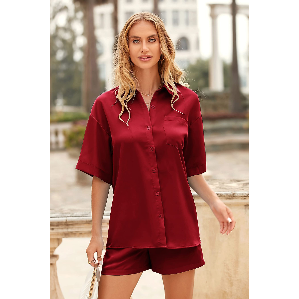 PRETTYGARDEN Women's 2 Piece Satin Pajama Sets Short Sleeve Button Down Tops And Shorts Set 2024 Summer Pjs Silk Sleepwear (Red,Medium)