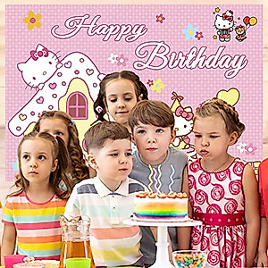 Kawaii Kitty Birthday Party Supplies, Happy Birthday Backdrop for Kawaii Theme Party, 5 x 3 FT Cute Kitty Photography Background Banner for Girls Boys Birthday Party Decorations