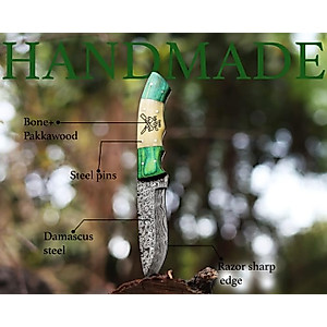 ADAM KNIVES Fixed Blade Damascus Steel Hunting Knife With Leather Sheath, 9'' Full Tang Skinning, Non-Slip Wooden Handle, Camping (Green Wood)