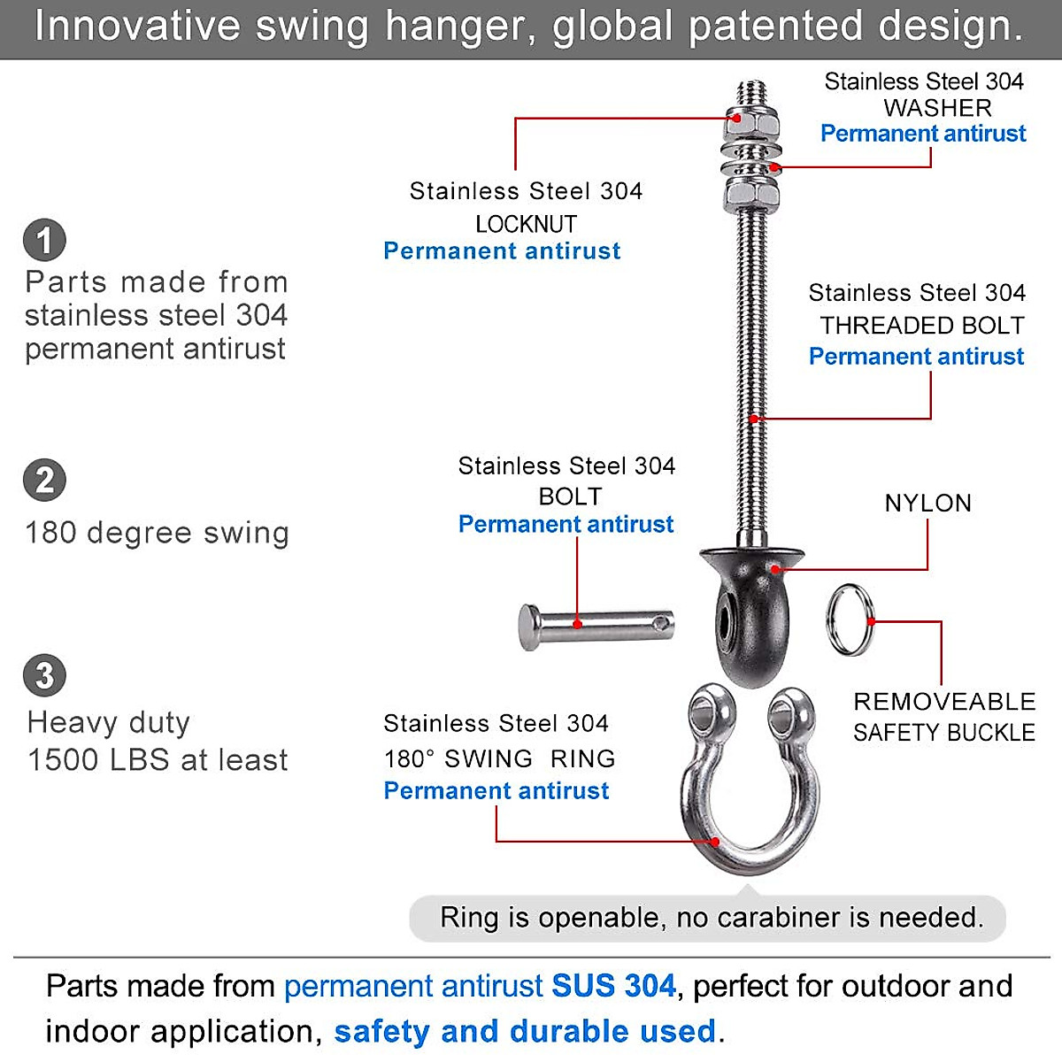 Dolibest Set of 4 Permanent Antirust Stainless Steel 304 Heavy Duty Swing Hangers, Playground Porch Yoga,for Wood and Steel Beam Yoga Hammock Chair Punching 1500LB Capacity,180° Swing, 7.67''