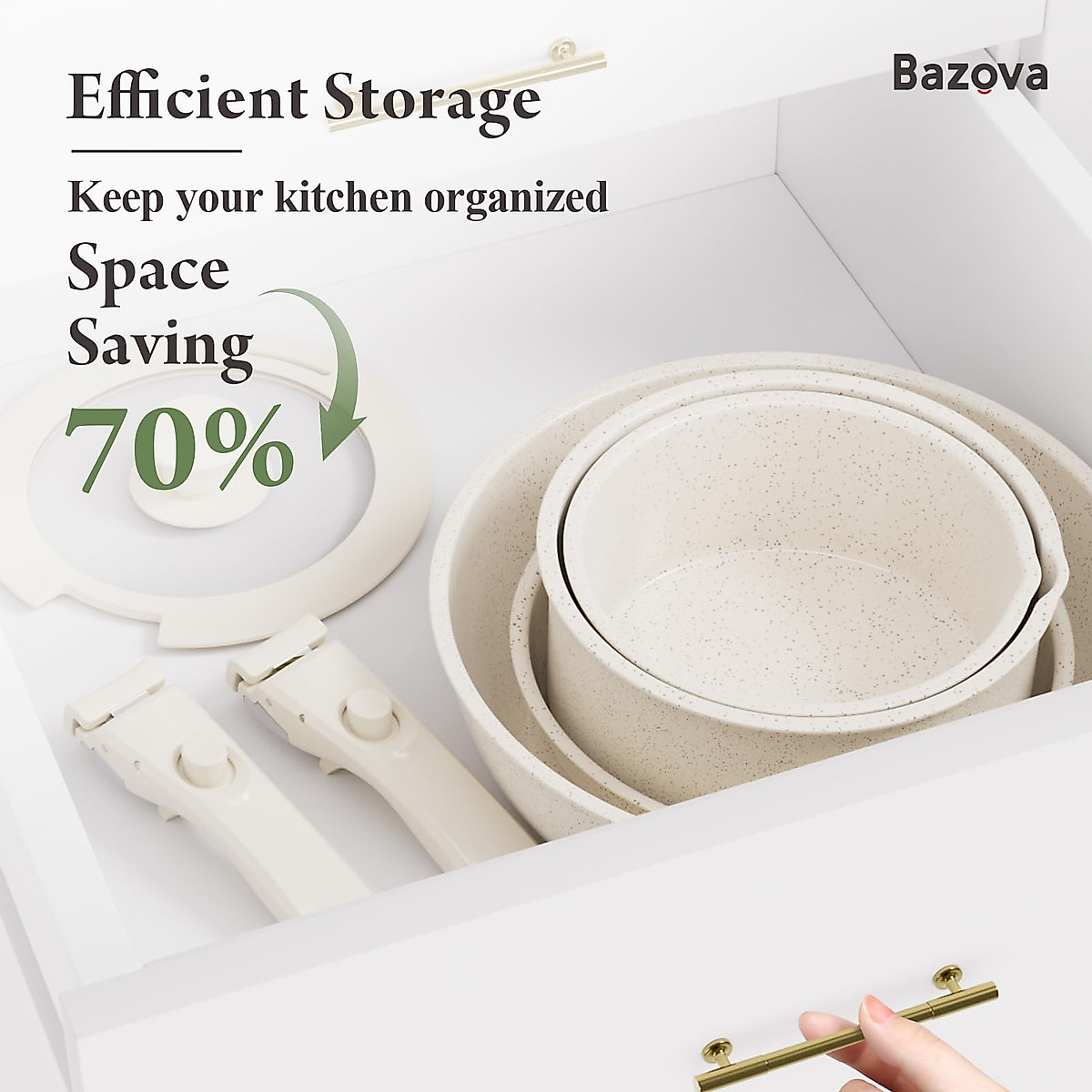 Bazova Ceramic Nonstick Cookware Set, Healthy,Non Toxic,17-Pieces Pots and Pans Set Removable Handles,Induction RV Kitchen Set,Stain & Scratch-resistant,Dishwasher/Oven Safe,PFAS/PFOA Free,Cream White