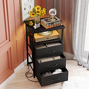 Fixwal Night Stand with Charging Station, LED Nightstand with U-S-B Ports and Outlets, 3 Fabric Storage Drawers with PU Finish, Bedside Table, Black
