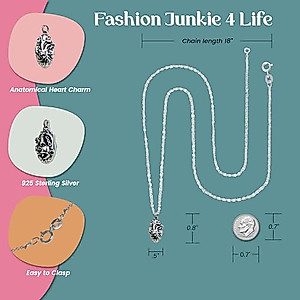 FashionJunkie4Life Sterling Silver Anatomical Heart Necklace, 18" Chain | Birthday Gifts for Women