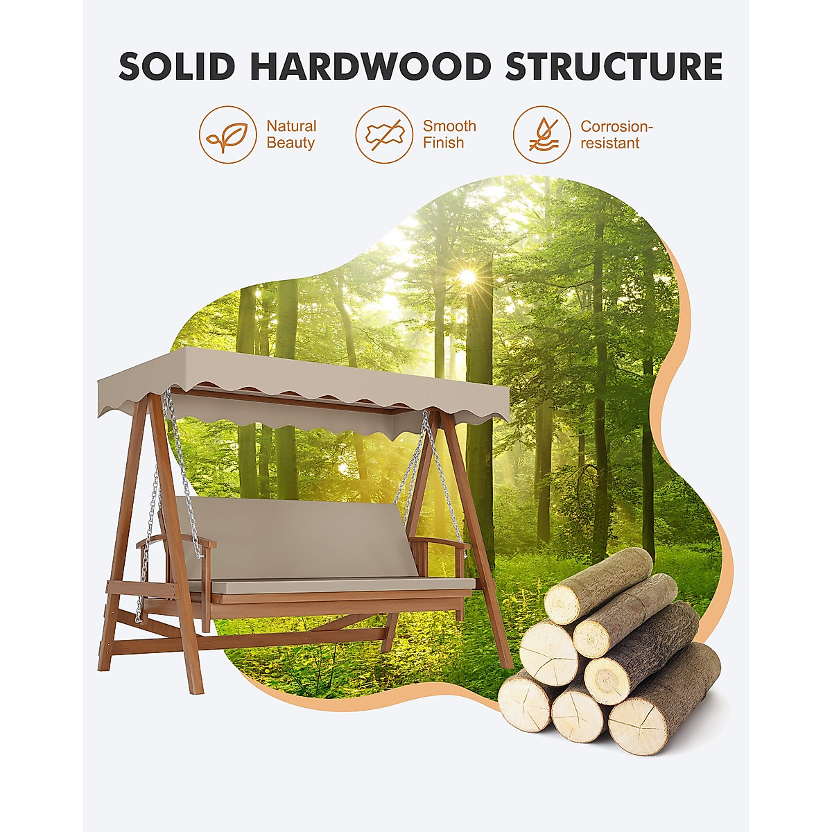 Kybolt Wooden Patio Swing with Adjustable Canopy,3-Seater Wood Patio Swing Bench Bed with Removable Cushion,Patio Swing Glider with Flatbed for Backyard Garden Balcony Poolside