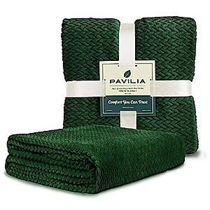 PAVILIA Soft Flannel Fleece Blanket Throw Emerald Green, Textured Decorative Velvet Blanket for Couch Sofa Bed, Fuzzy Plush Cozy Warm Lightweight Microfiber Throw, Jacquard Weave Leaves Pattern 50x60