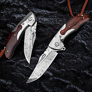 SPIRIT DEED Damascus Pocket Knife for Men,Handmade 3.4in Sharp Blade,Damascus Steel and Rosewood handel EDC,Leather Sheath Outdoor Survival Tool for Hunting