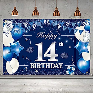 P.G Collin Happy 14th Birthday Banner Backdrop Sign Background, 14 Birthday Party Decorations Supplies for Boys Girls 6 x 4ft Blue Silver