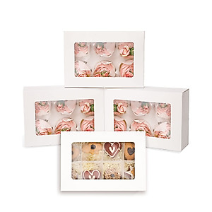 qiqee White Cupcake Cupcake Box with Window 50 Packs Cupcake Box 9"x6.1"x3.3" Bakery Boxes For Cupcakes