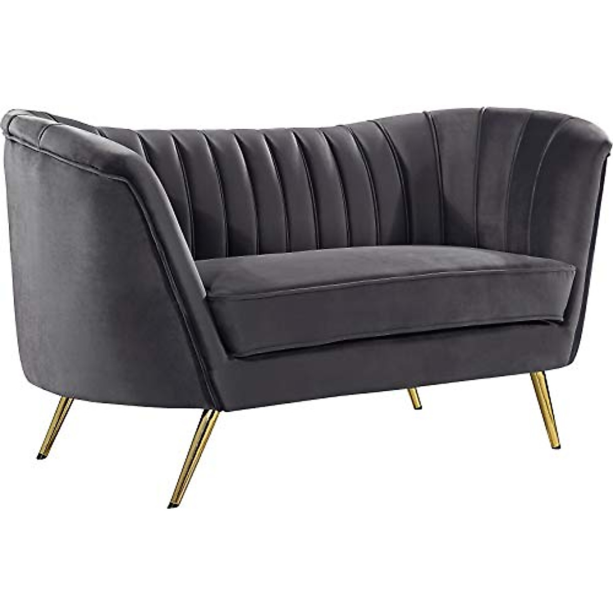 Meridian Furniture Margo Collection Modern | Contemporary Velvet Upholstered Loveseat with Deep Channel Tufting and Rich Gold Stainless Steel Legs, Grey, 65" W x 30" D x 33" H