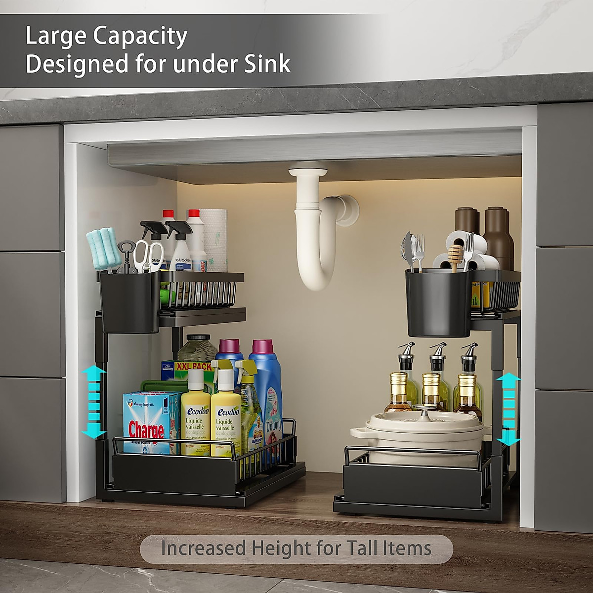 CICUFY Metal Under Sink Organizer,2-Tier Double Sliding Under Sink Storage for kitchen & Bathroom Cabinet-Black