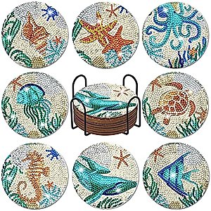Finphoon Diamond Painting Coasters Kit with Holder, 8 Pcs DIY Diamond Painting Ocean Art Coasters Kit, Diamond Painting Art Kits for Adults Kids