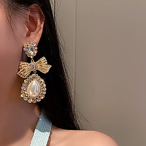 Wiwpar Large Teardrop Dangle Earrings Sparkly Rhinestone Pendant Drop Earrings Bow Dangle Earrings Gold for Women