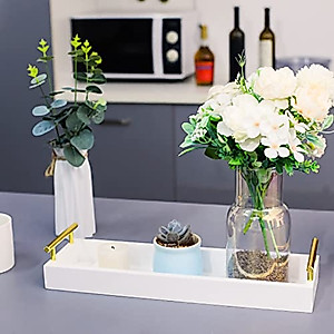 Hanobe Rectangle Long Narrow Tray: Decorative Trays Rectangular Candle Holder Trays for Home Decor White Centerpiece Tray Decor Serving Tray with Gold Handles for Dining Table Coffee Bar Living Room