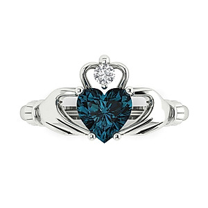 Clara Pucci 1.52ct Heart Cut Irish Celtic Claddagh Solitaire Natural London Blue Topaz gemstone designer Modern Ring 14k White Gold