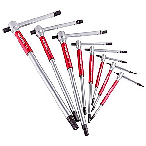 Powerbuilt 8 Pc SAE T-Handle Hex Allen Key Wrench Set w/ Speed Sleeves for Fast Spinning Action, Sliding Top Handle for “T” or “L” Shape, Long Shafts, Storage Rack, Auto, Bicycle, Moto - 941644 , Red