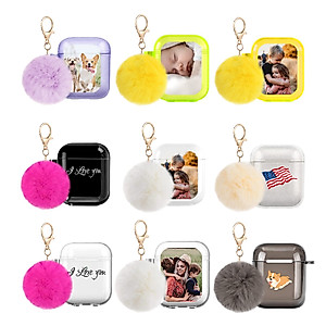 customgift Custom Apple Airpods 1 & 2 Case, Airpod Pro Cover Personalized with Name, Giftfor Women, Girls Pom Fur Ball Keychain/Strap/Accessories, Multiple Colour TPU DIY Picture, Multicolor