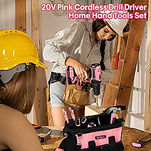 SHALL 247Pcs 20V Cordless Drill Driver & Household Tool Kit for Women, Pink Electric Power Drill Screwdriver and Home Hand Tool Set with 14” Storage Tool Bag for DIY, Home Repair/Maintenance