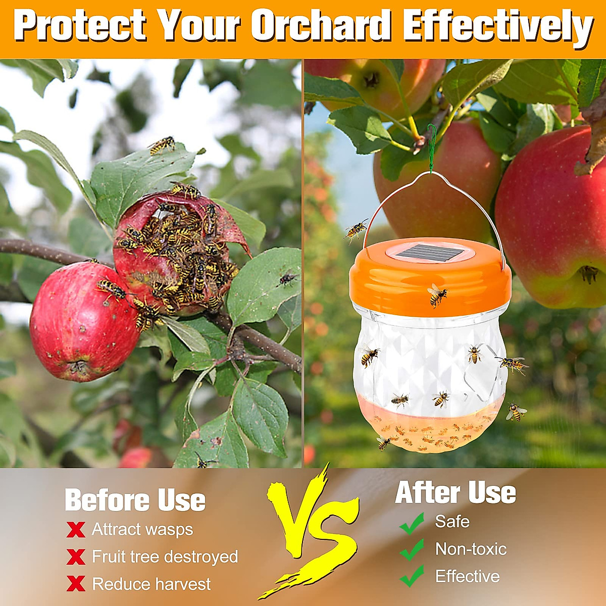 Wasp Traps Outdoor Hanging, Yellow Jacket Wasp Catcher for Trapping Hornet, Non-Toxic Reusable Wasp Catcher for Outdoors Trapping Wasp, Wasp Trap Solar Power Outdoor with LED Light,2P-Orange