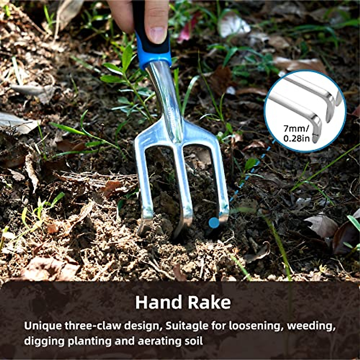 Sinoer Garden Tool Set, 3Piece Heavy Duty Cast-Aluminum Gardening Hand Tool Includes Hand Trowel, Transplant Trowel and Cultivator Hand Rake with Soft Rubberized Non-Slip Ergonomic Handle - Blue