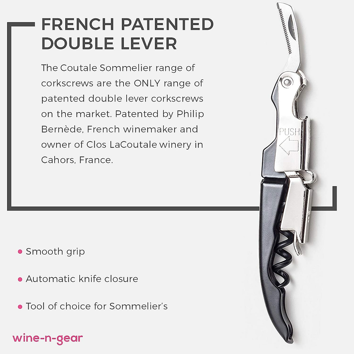 Innovation Waiters Corkscrew By Coutale Sommelier - Black - French Patented Manual Double Lever Wine Bottle Opener for Bartenders and Gifts - Patented Auto Knife Closure