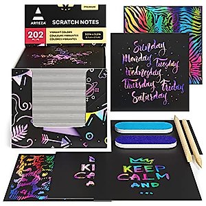 Arteza Scratch Paper, Set of 202 Notes, 3.5 x 3.5 Inches, 200 Rainbow and 2 Gold-Foil Star Backgrounds, Includes 2 Scratchers and 2 Sharpeners, Art Supplies for Craft and DIY Projects