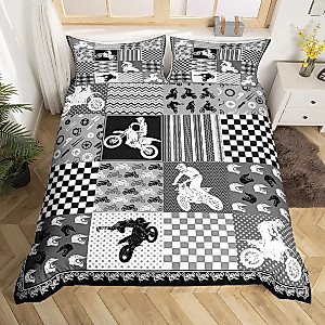 Motorbike Bedding Set,White Gray Geometry Grid Duvet Cover for Kids Teen Boys Girls,Motorcycle Illustration Comforter Cover Decorative Room,Dirt Bike Quilt Cover with 2 Pillowcases,King Size
